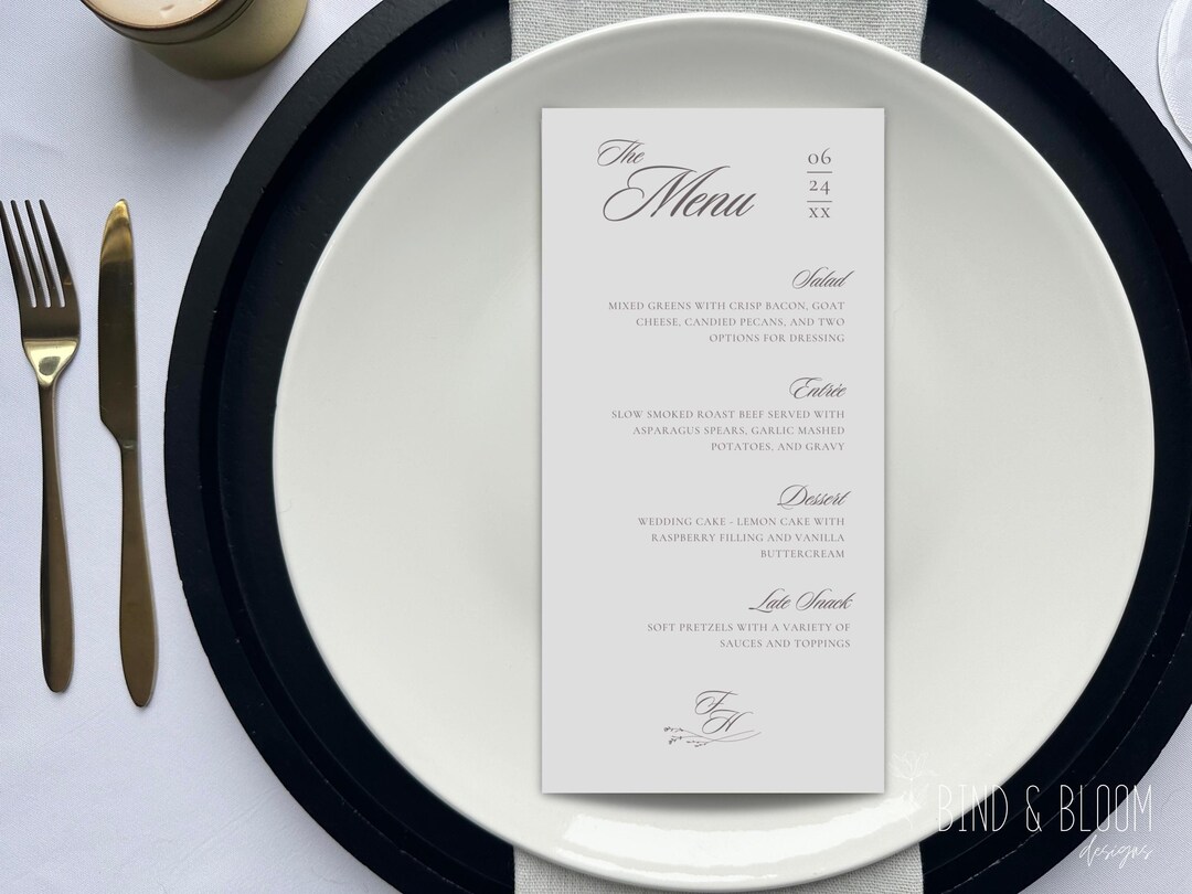 Elegant Reception Table Menu Card: Editable Wedding Dinner Menu ...