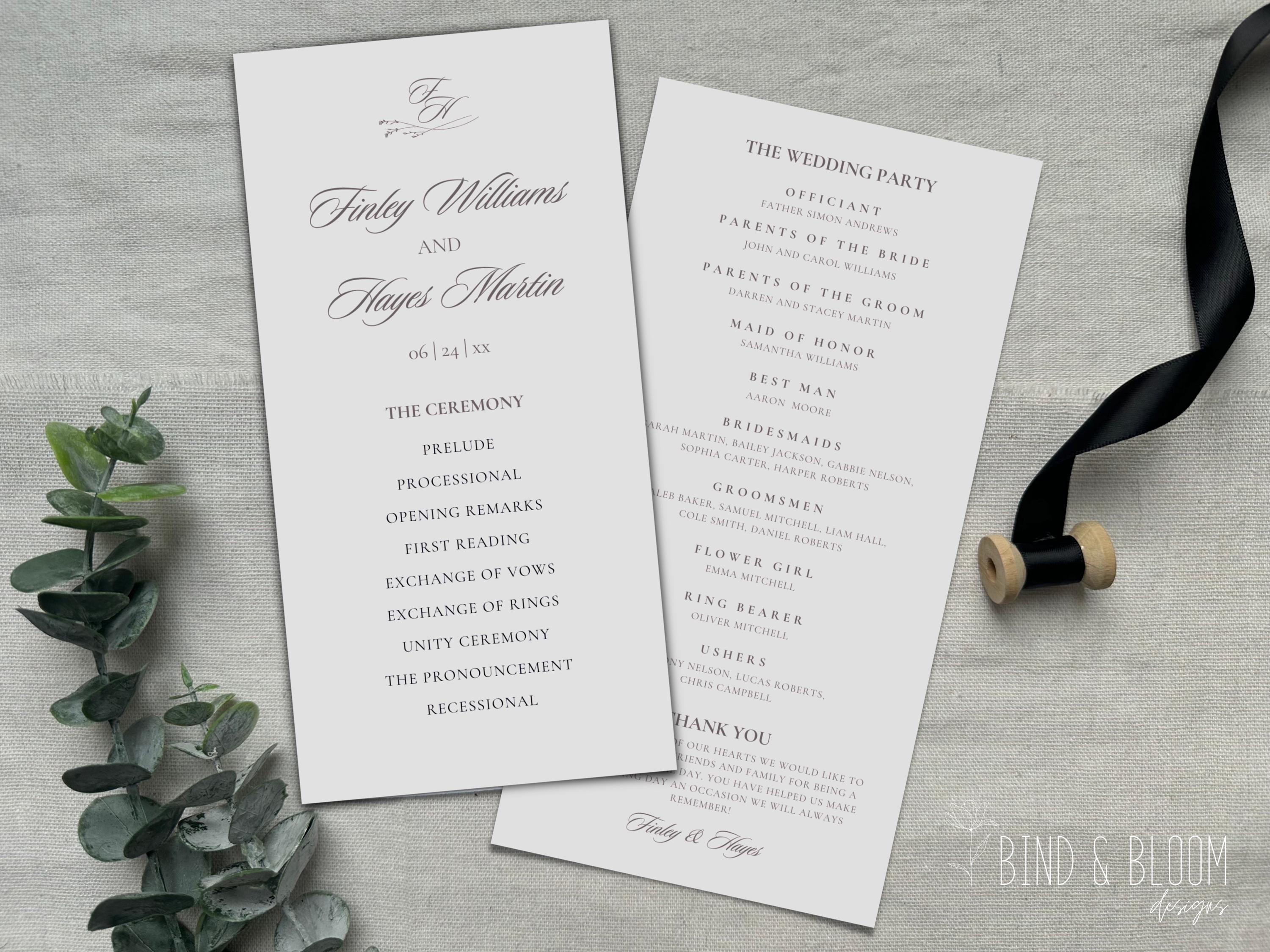 Elegant Wedding Program Template: Order of Service, Editable Ceremony ...