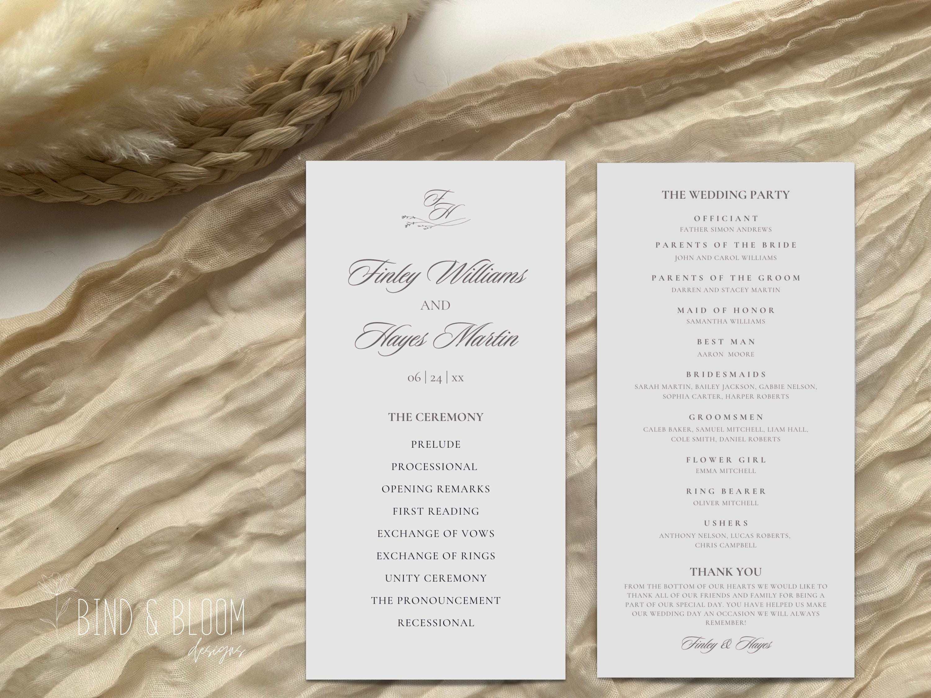 Elegant Wedding Program Template: Order of Service, Editable Ceremony ...