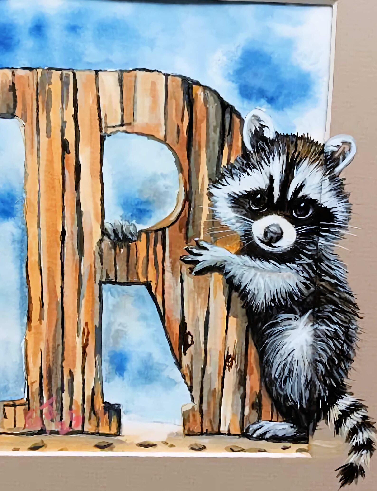 Raccoon Letter R, Original Acrylic Art, 8"x10" Tan Mat, Watercolor ...