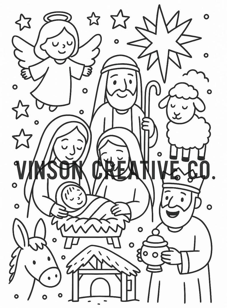 Bible Story Christmas Coloring Page for Children – Nativity & the Birth ...