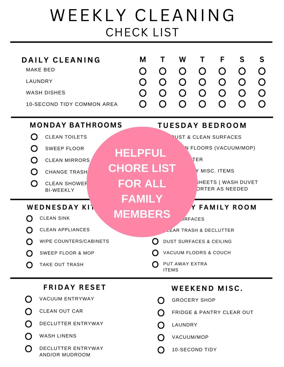 Printable Weekly Cleaning Checklist | Minimalist Cleaning Planner ...