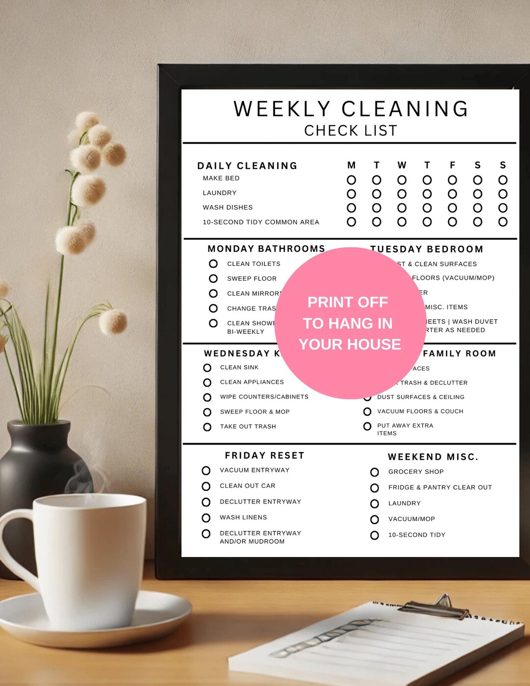 Printable Weekly Cleaning Checklist | Minimalist Cleaning Planner ...