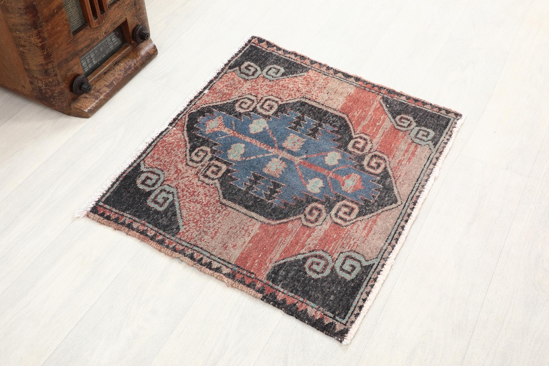 2x2 Red Blue Vintage Small Rug, 2x2 Handmade Turkish Rug, Oushak Small ...