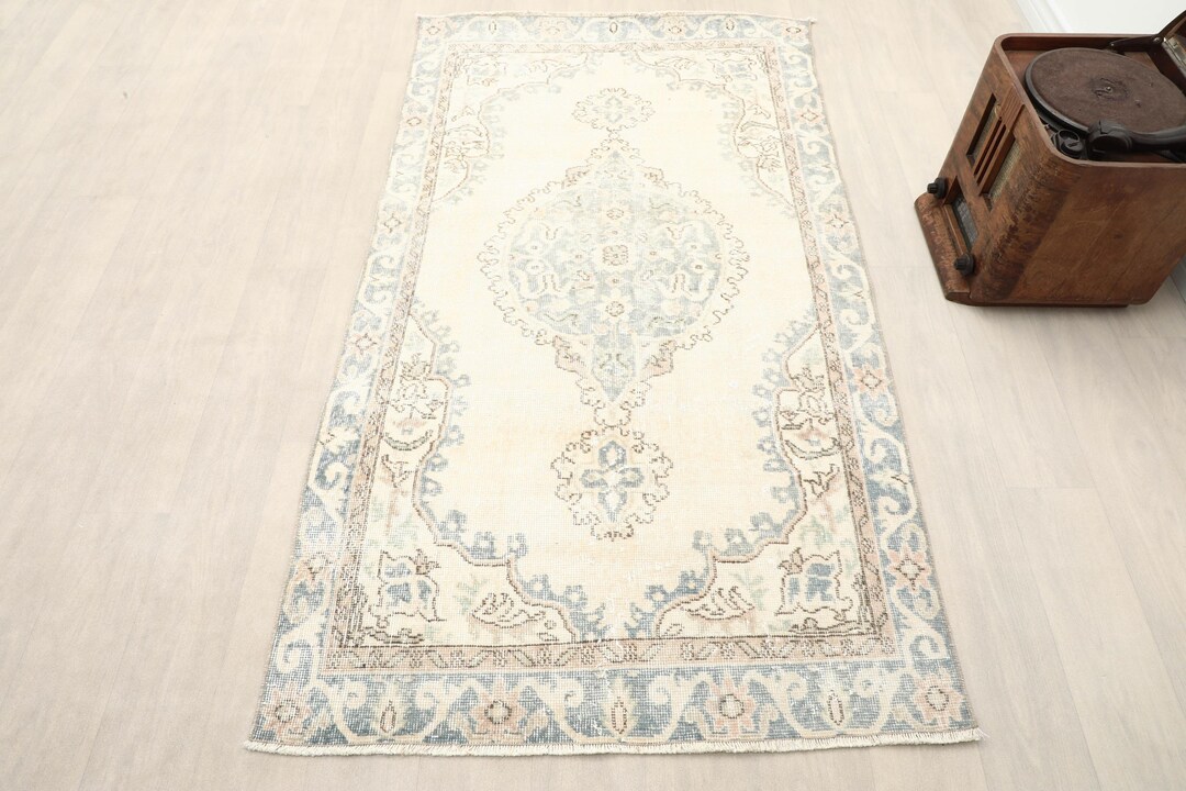 4x7 Beige Vintage Rug, 4x7 Blue Turkish Rug, Handmade Area Rug ...