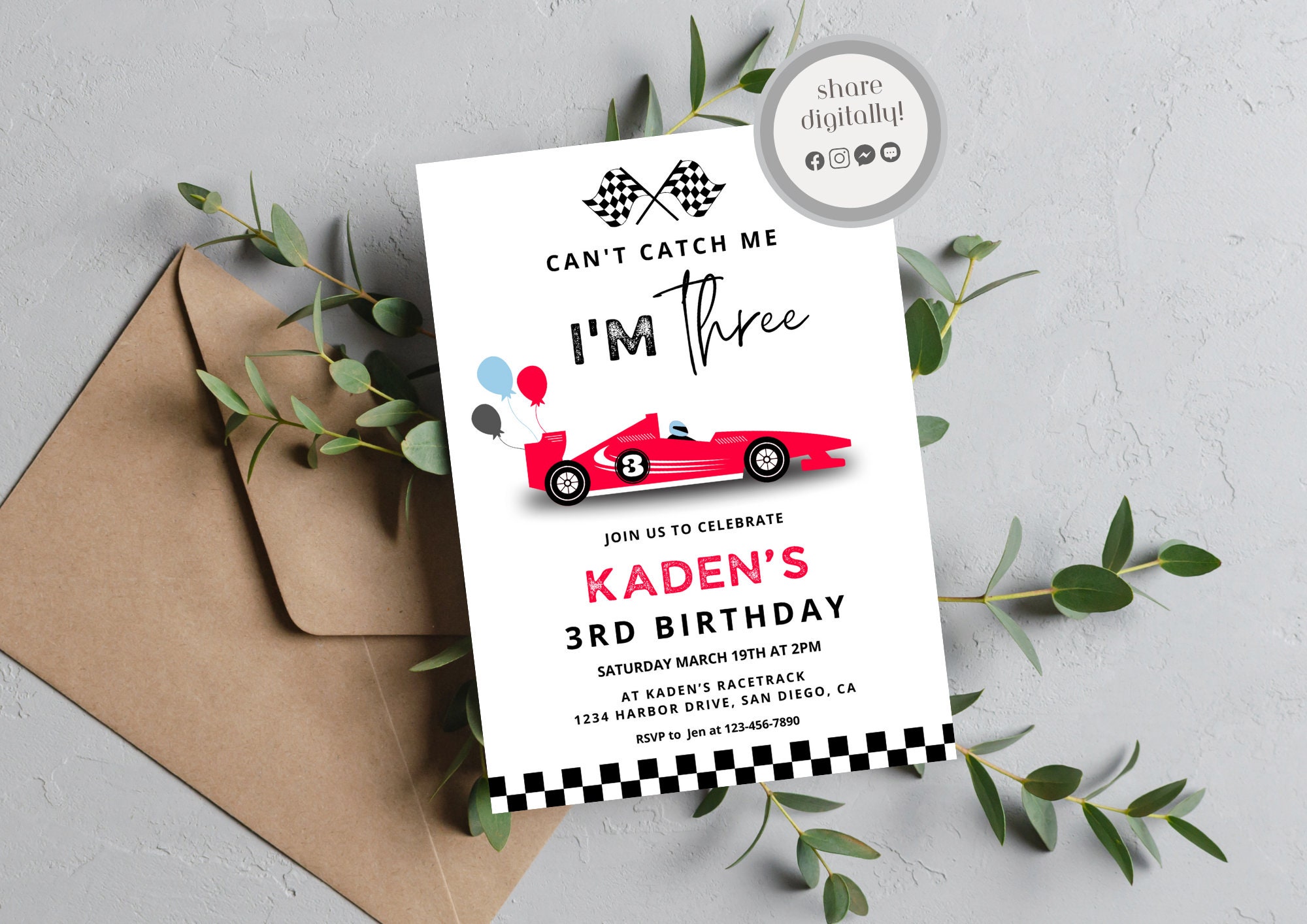 Red Race Car Birthday Party Invitation Can't Catch Me I'm Three Invite ...