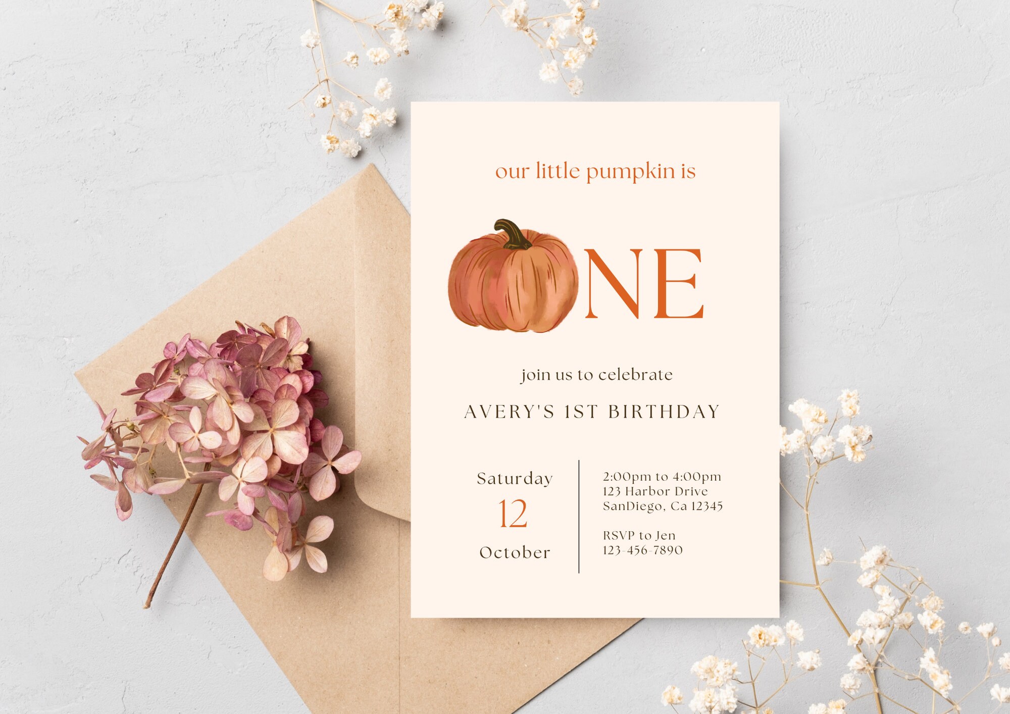 Pumpkin First Birthday Invitation Editable Canva Template - Etsy
