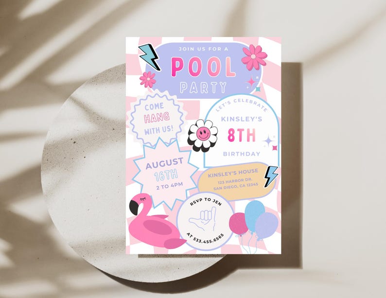 Retro Pool Party Birthday Invitation | Editable Canva Template | Summer ...
