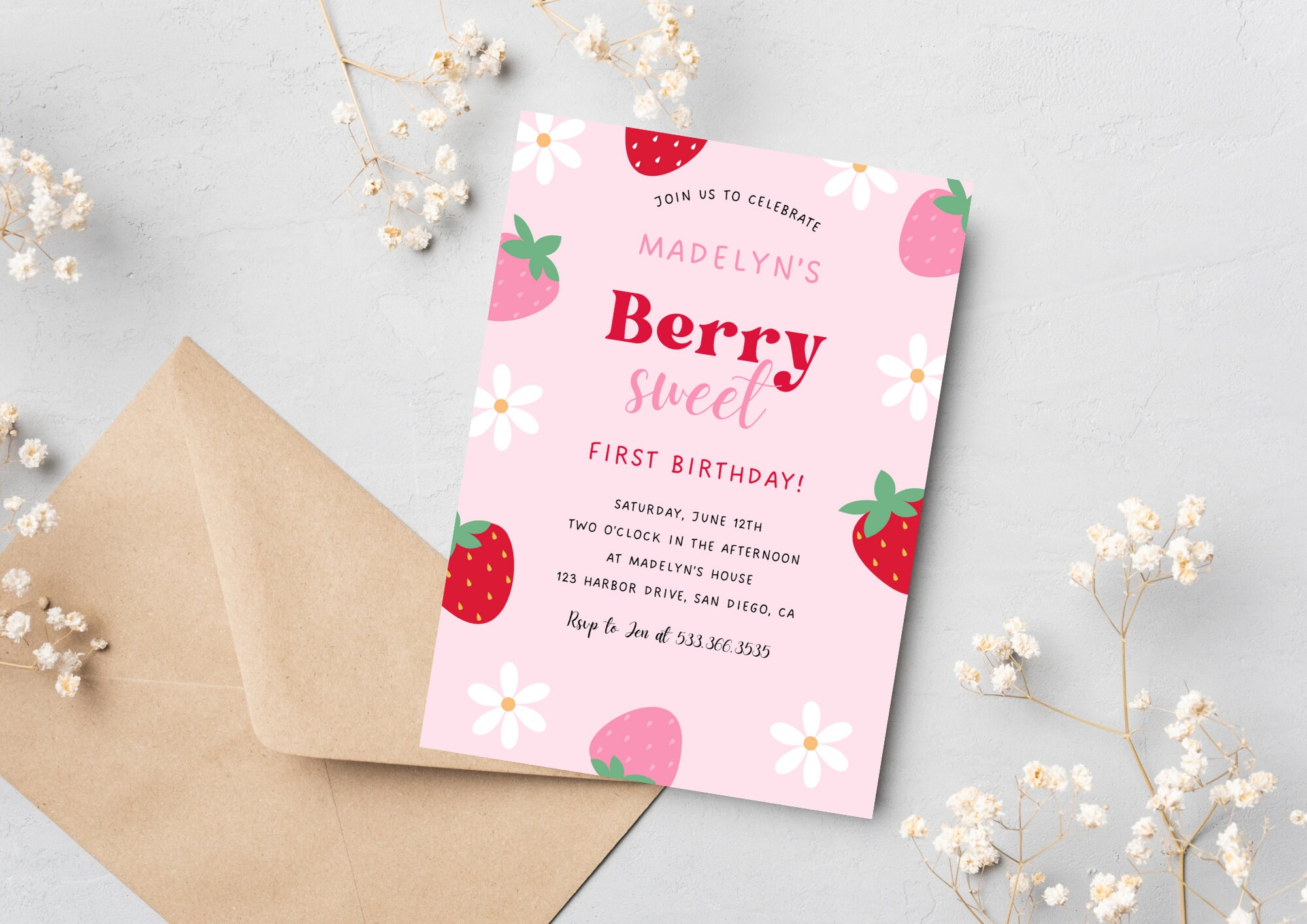 Berry Sweet Birthday Party Invitation | Girl 1st Birthday | Instant ...