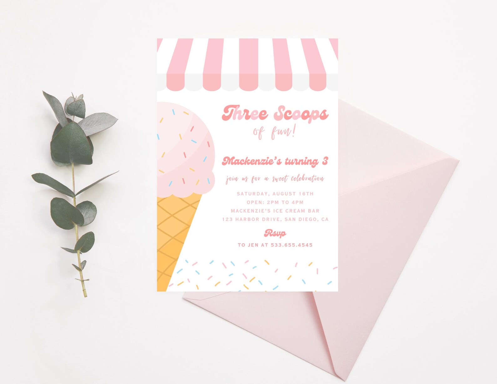 Three Scoops of Fun Ice Cream Birthday Party Invitation | Instant ...