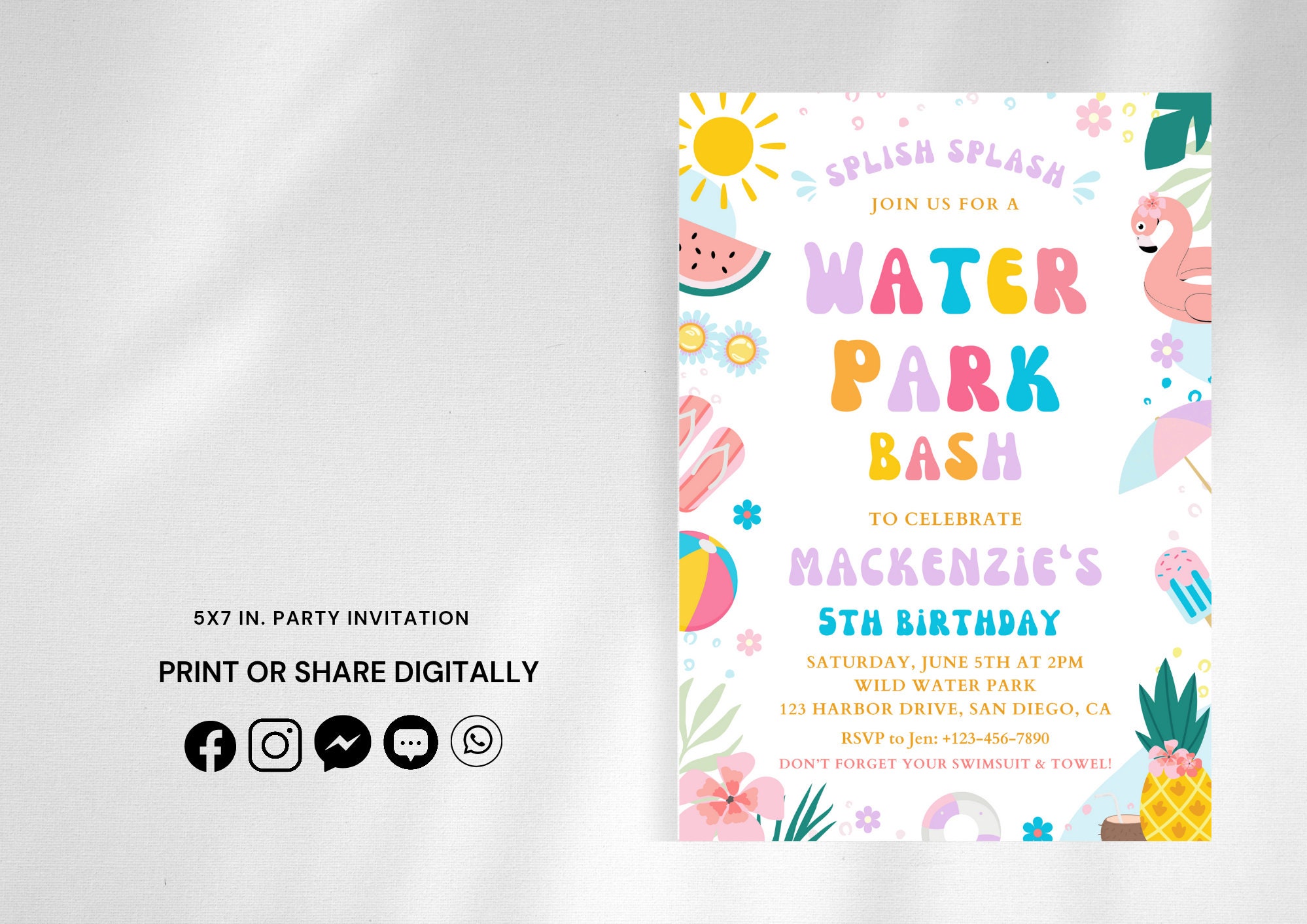 Editable Water Park Birthday Party Invitation Tropical Splish Splash ...