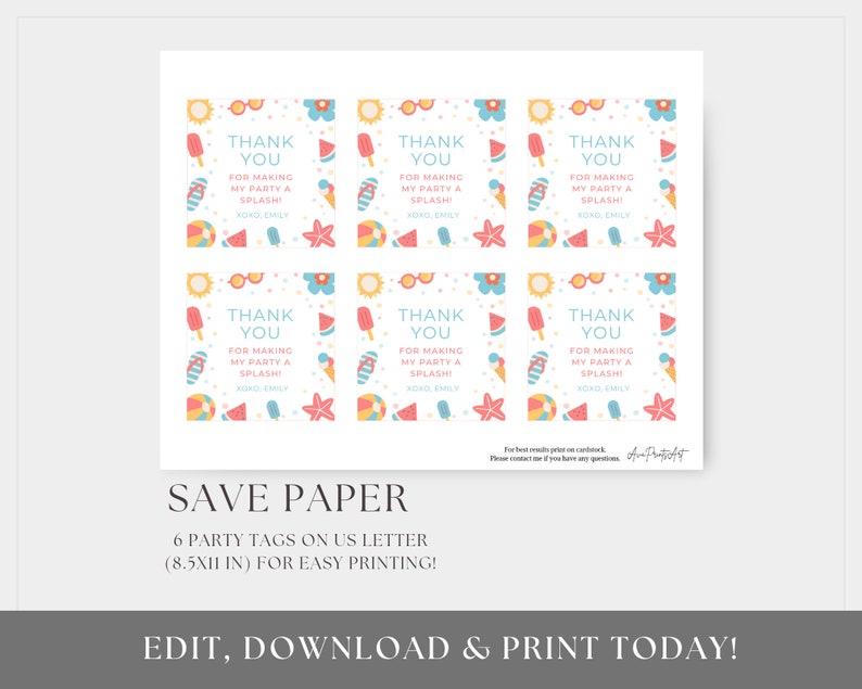 Editable Summer Pool Party Favor Tags Digital Download Pool Party Favor ...