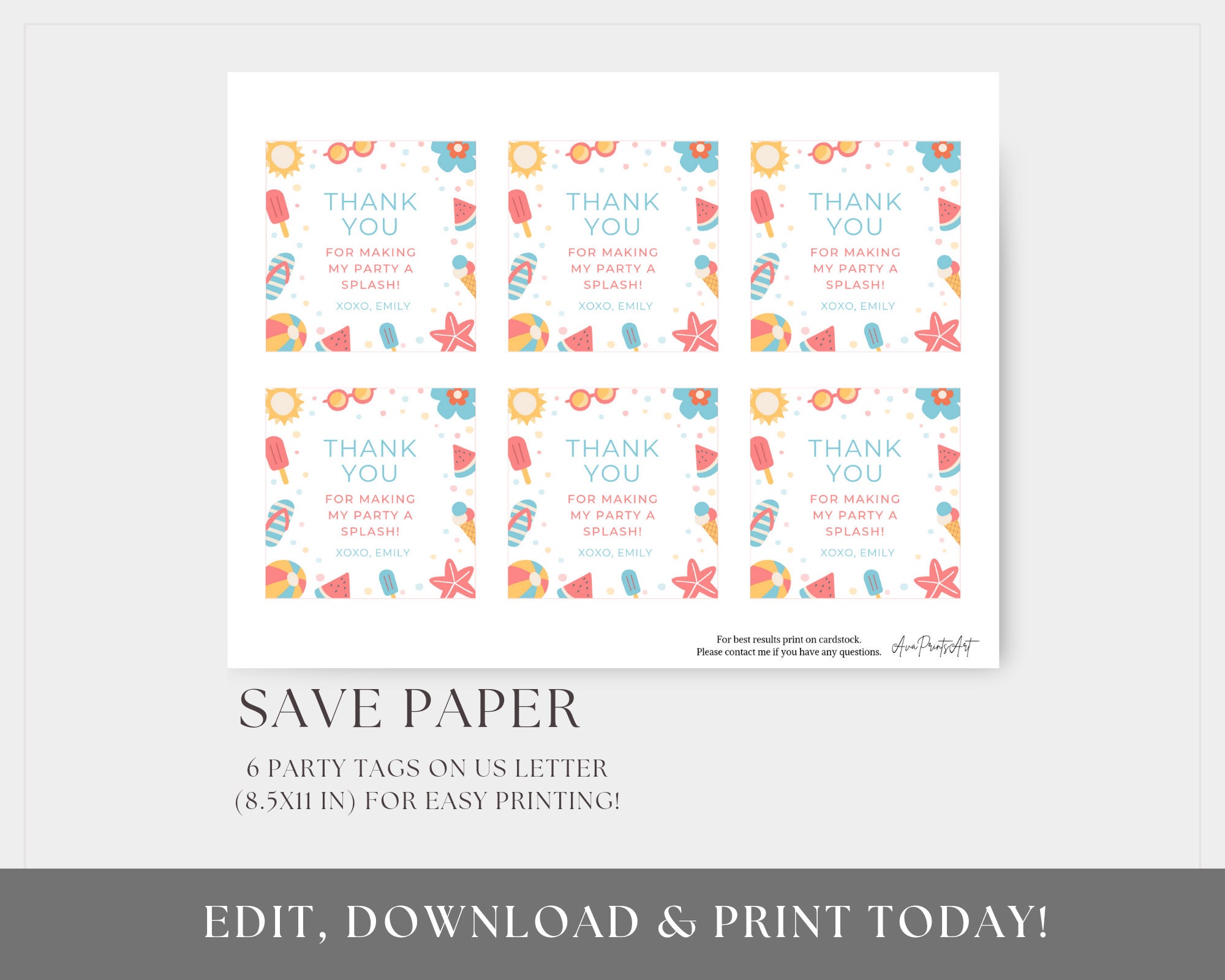 Editable Summer Pool Party Favor Tags Digital Download Pool Party Favor ...