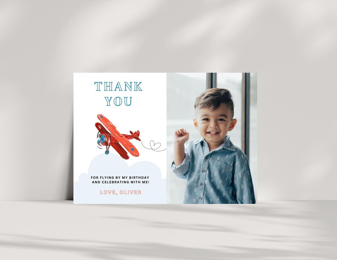 Editable Airplane Birthday Thank You Card | Modern Plane Party | Canva ...