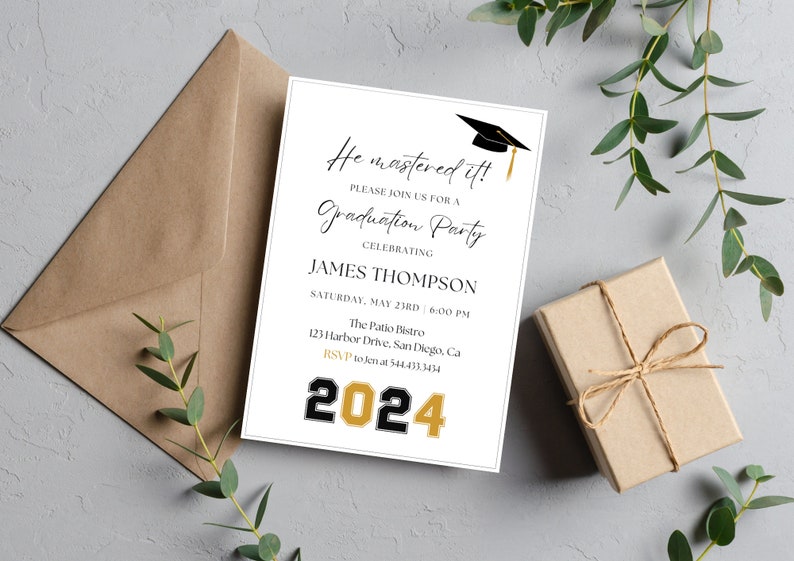 He Mastered It Graduation Party Invitation Editable Template Printable ...
