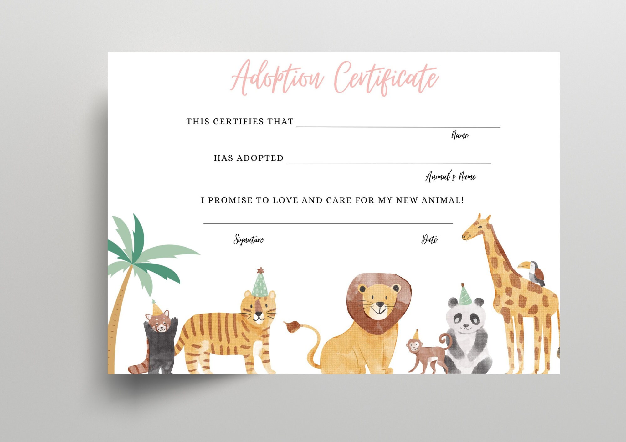 Pink Wild Animal Adoption Certificate Instant Download Girl Birthday ...