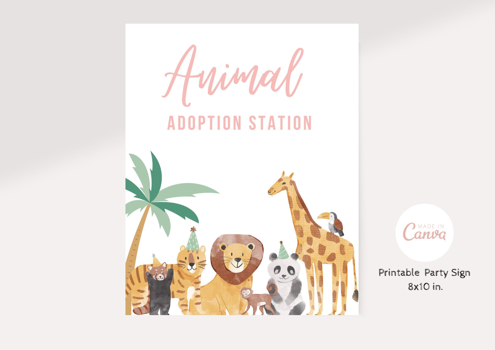 Pink Wild Animal Adoption Sign | Instant Download | Girl Birthday Party ...