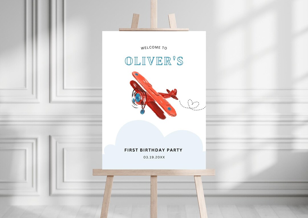 Airplane Birthday Party Welcome Sign | Editable Canva Template | Modern ...
