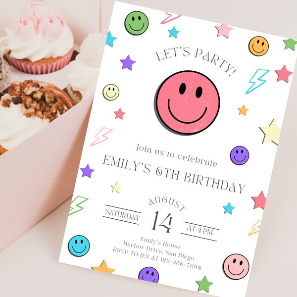 Flower Smiley Face Birthday Invitation - Etsy