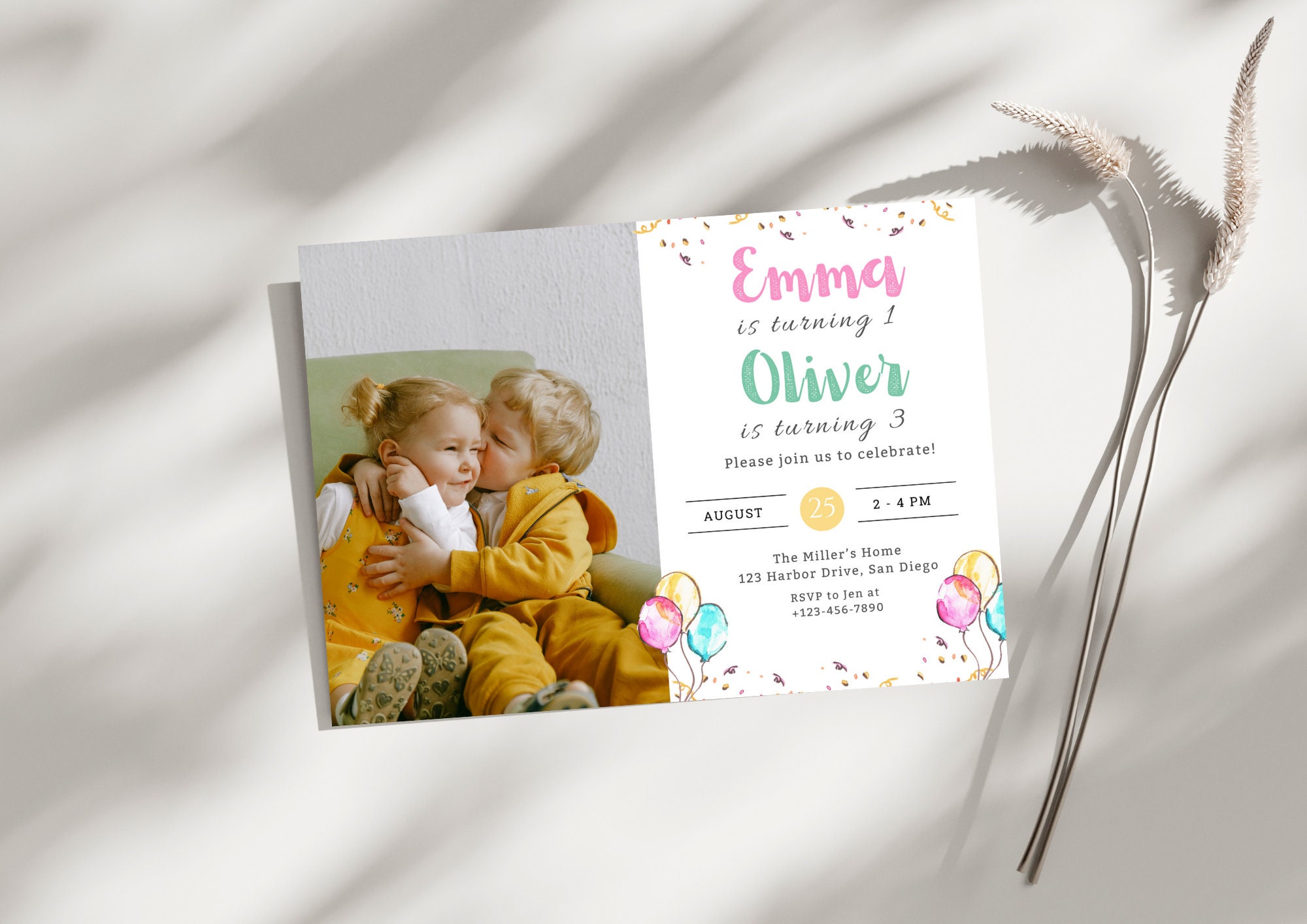 Editable Siblings Birthday Photo Invitation Joint Birthday Invitation ...