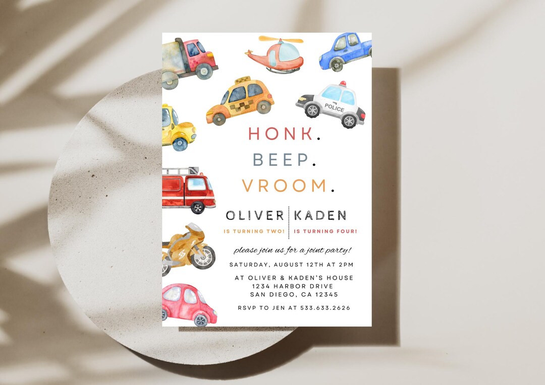 City Cars Transportation Joint Birthday Party Invitation | Instant ...