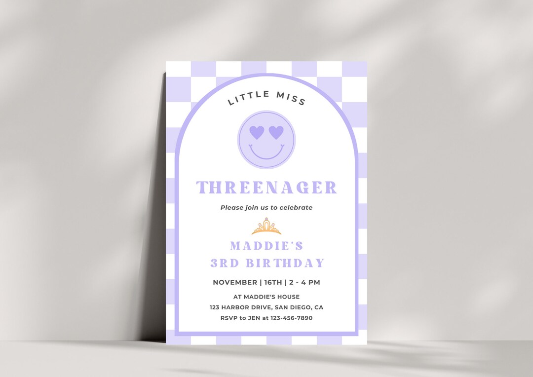 Purple Little Miss Threenager Birthday Party Invitation Digital ...