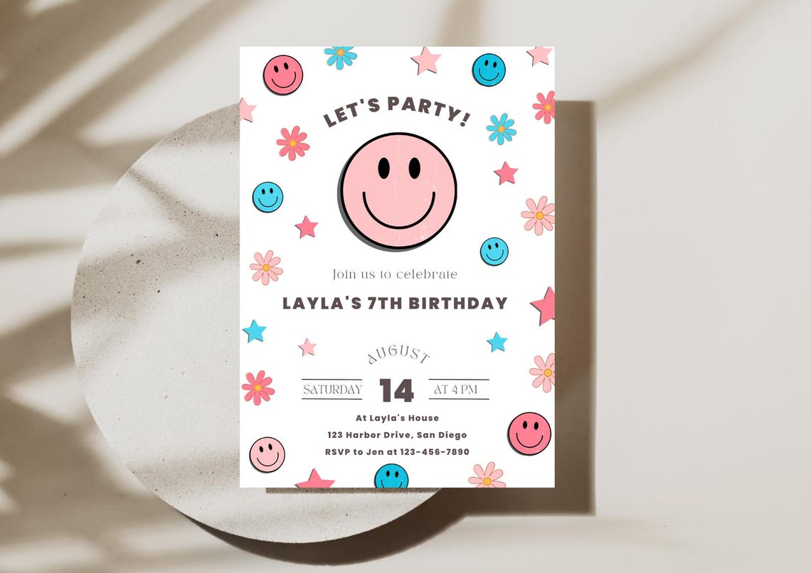 Retro Smiley Face Flower Party Invitation | Editable Template | Digital ...