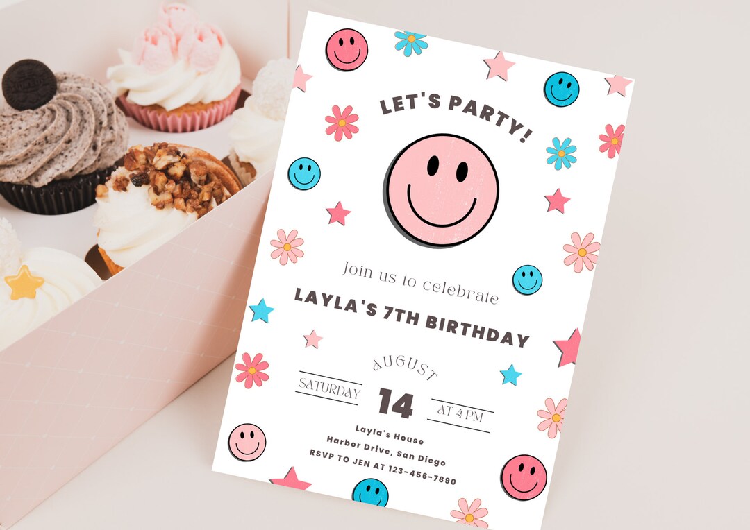 Retro Smiley Face Flower Party Invitation Editable Template Digital ...
