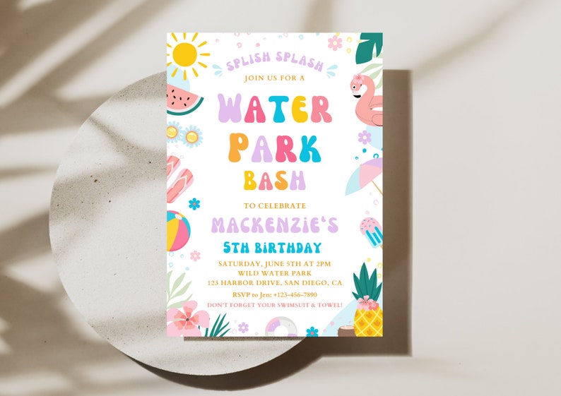Editable Water Park Birthday Party Invitation Tropical Splish Splash ...