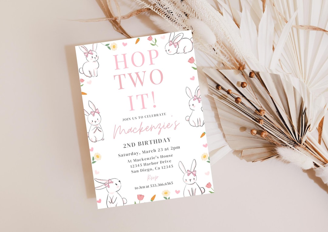 Hop Two It Bunny Birthday Invitation | Girl 2nd Birthday | Instant ...