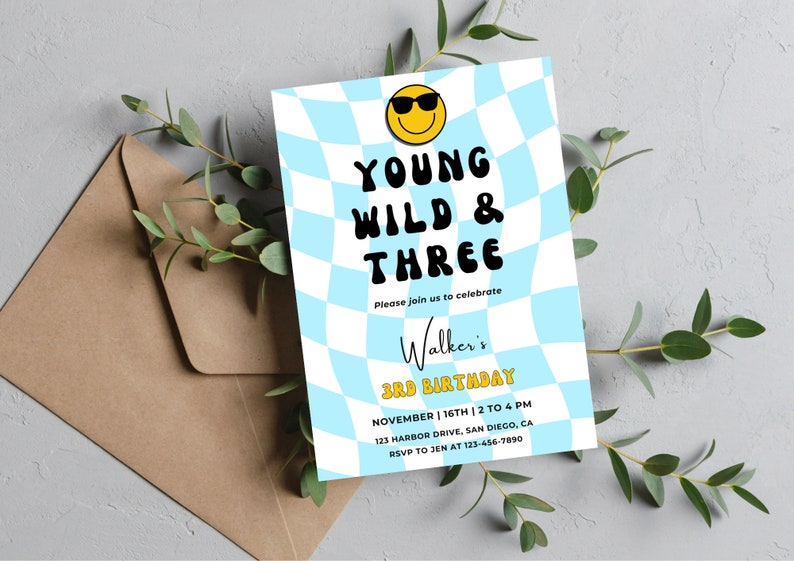 Young Wild & Three Birthday Invitation | Digital Download | Boy 3rd ...