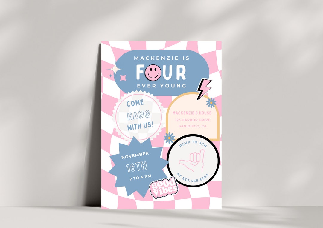 Four Ever Young Birthday Invitation, Digital Download, Girl 4th ...