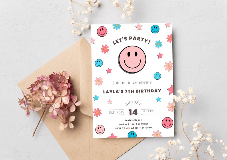 Retro Smiley Face Flower Party Invitation Editable Template Digital ...