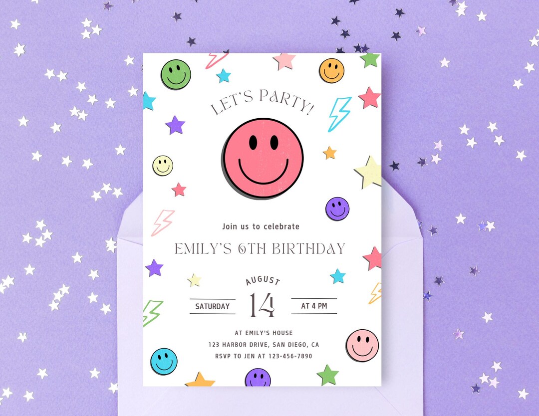 Smiley Face Flower Birthday Party Invitation | Digital Download | Retro ...