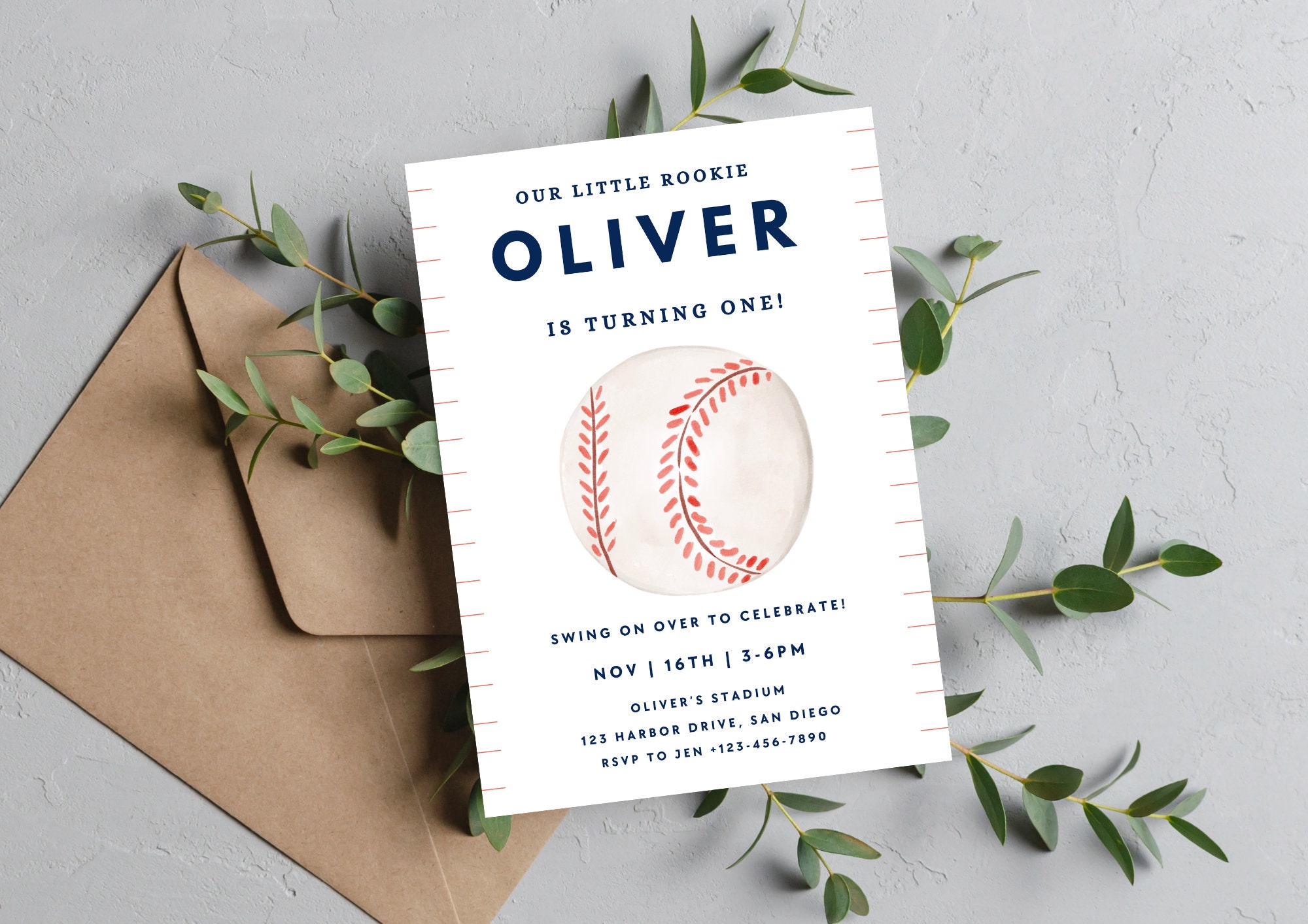 Editable Baseball Party Invitation Little Rookie 1st Birthday Modern ...