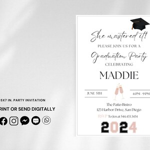 She Mastered It Graduation Party Invitation Editable Template Printable ...