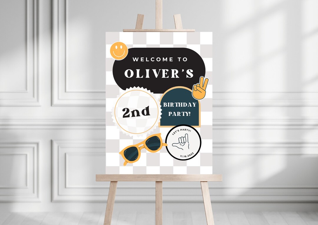Retro Checkered Smiley Face Welcome Sign | Two Cool Dude Birthday ...