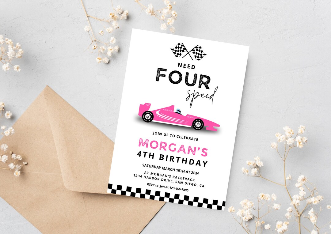 Need FOUR Speed Birthday Party Invitation Pink Race Car Themed Party ...
