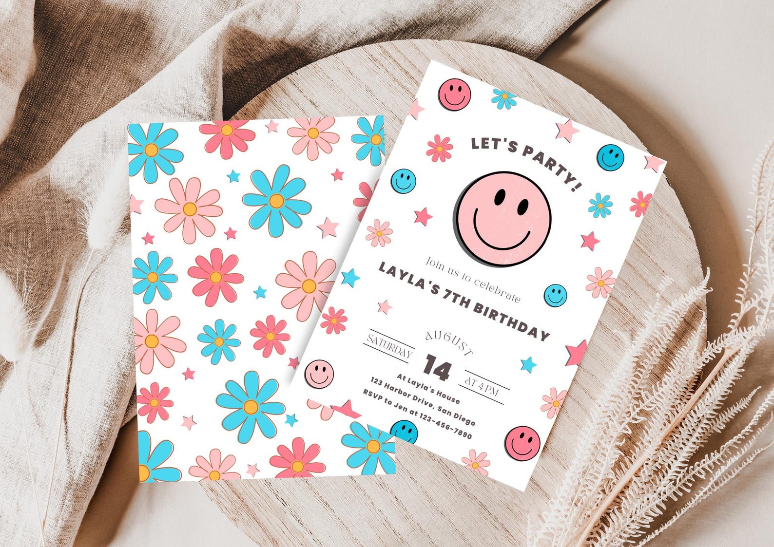 Retro Smiley Face Flower Party Invitation | Editable Template | Digital ...