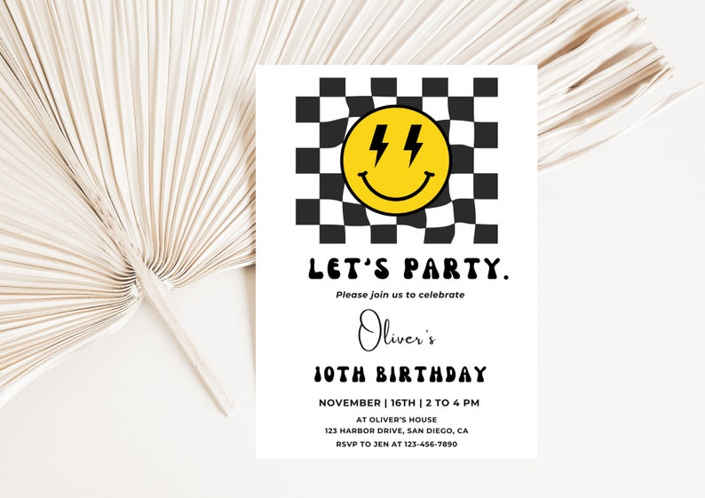 Smiley Face Birthday Invitation Digital Download Boy 5th, 10th, 13th ...