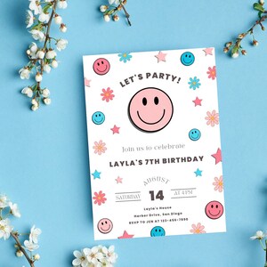 Retro Smiley Face Flower Party Invitation Editable Template Digital ...