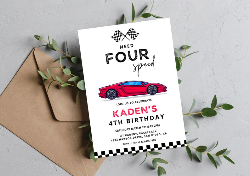 Need FOUR Speed Birthday Party Invitation Red Race Car Theme Party ...