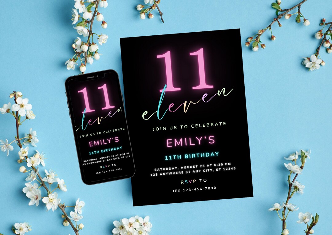 Neon Rainbow 11th Birthday Party Invitation 11th Birthday Invite ...