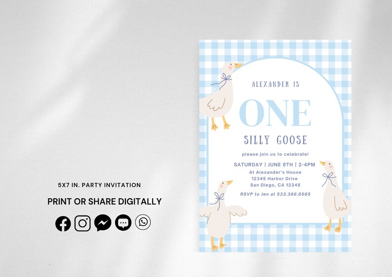 ONE Silly Goose First Birthday Invitation | Instant Download | Blue ...