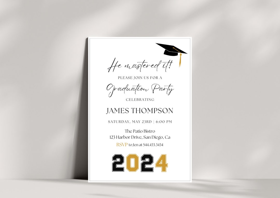 He Mastered It Graduation Party Invitation Editable Template Printable ...