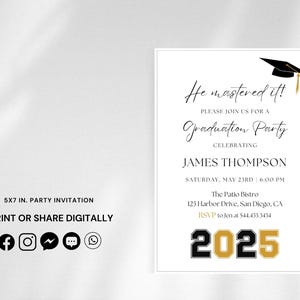 He Mastered It Graduation Party Invitation | Editable Template ...