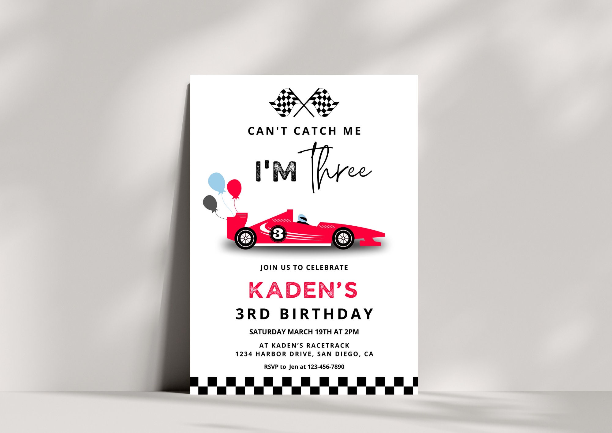 Red Race Car Birthday Party Invitation Can't Catch Me I'm Three Invite ...