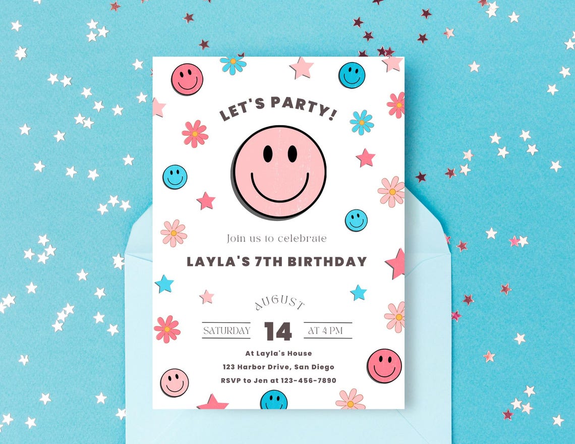 Retro Smiley Face Flower Party Invitation | Editable Template | Digital ...