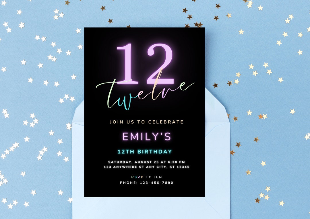 Neon Rainbow 12th Birthday Party Invitation | 12th Birthday Invite ...