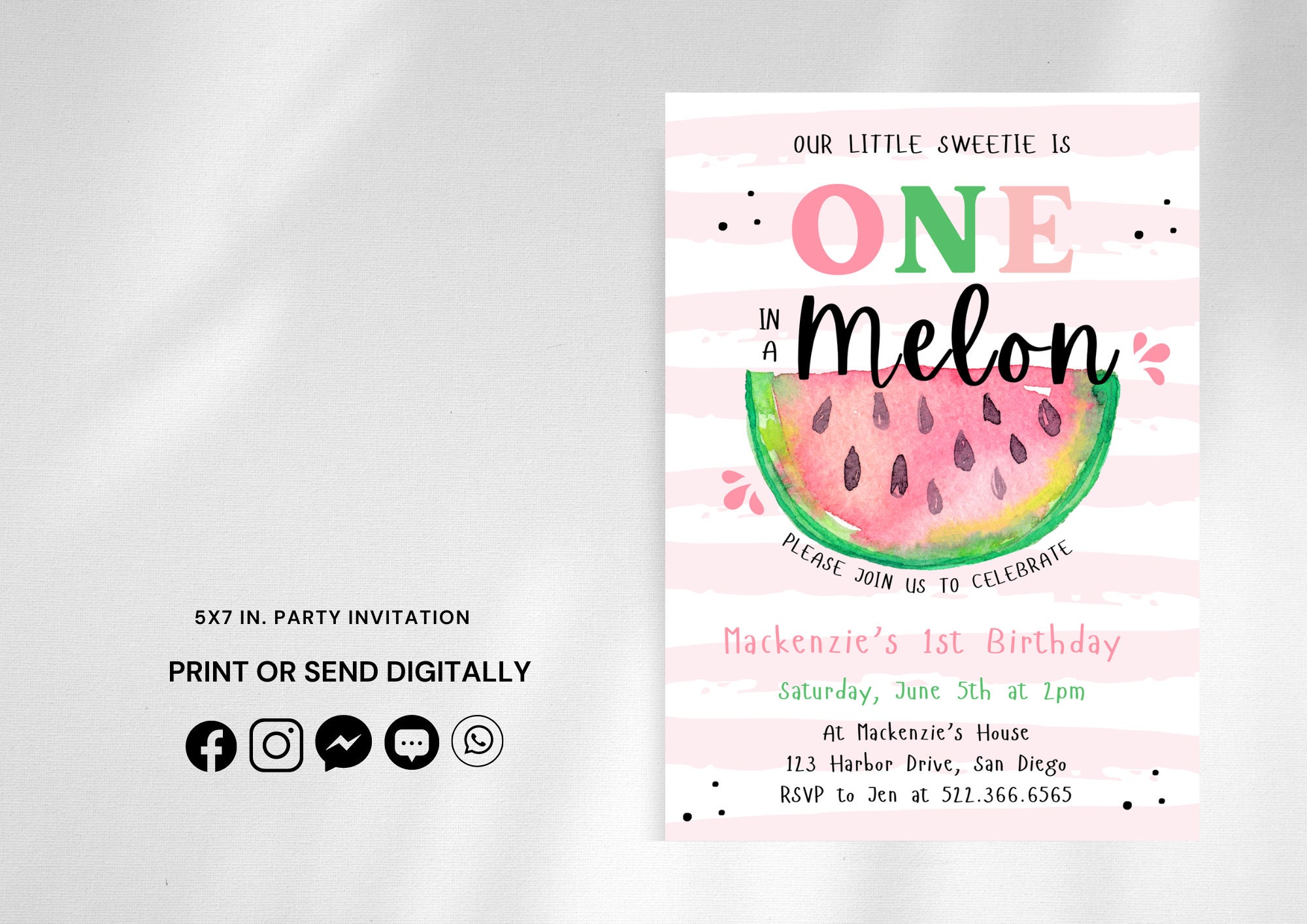 Watermelon Birthday Party Invitation Instant Download One in a Melon ...